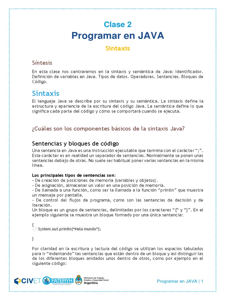Clase 2 - Sintaxis | PDF | Java (lenguaje de programación) | Lenguaje ...