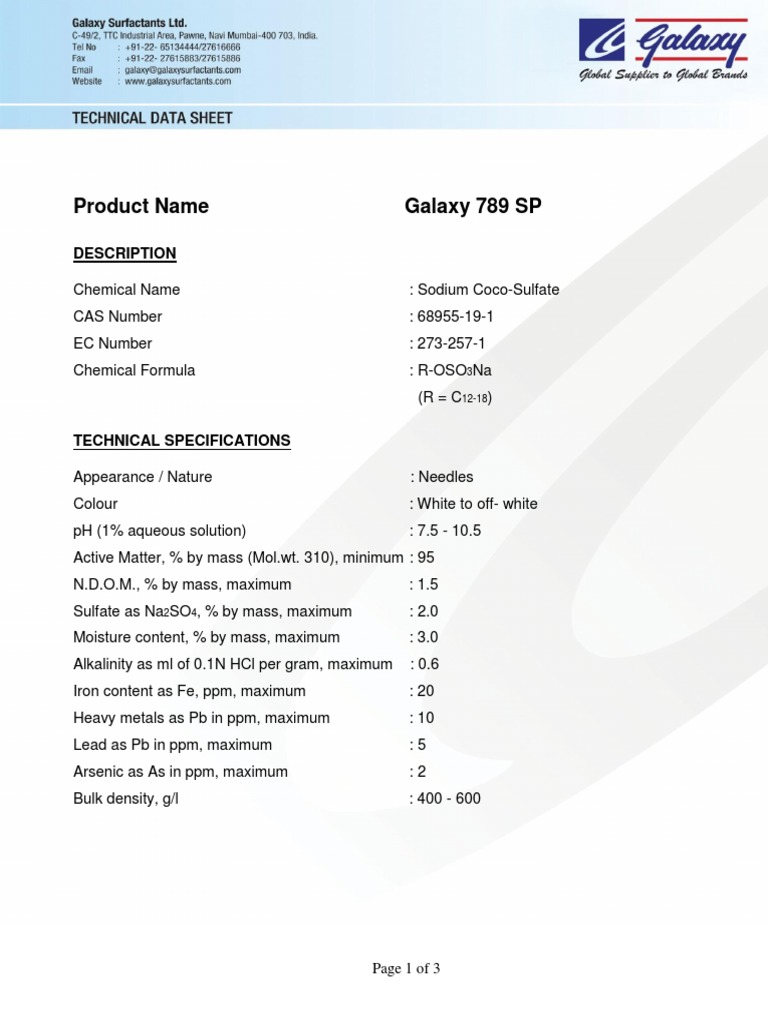 TDS of Galaxy 789 SP (Sodium Coco Sulfate) | PDF | Surfactant | Sodium Dodecyl Sulfate