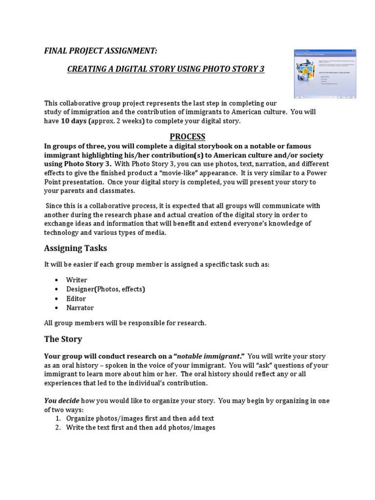 Final Project Assignment: Creating A Digital Story Using Photo Story 3 ...