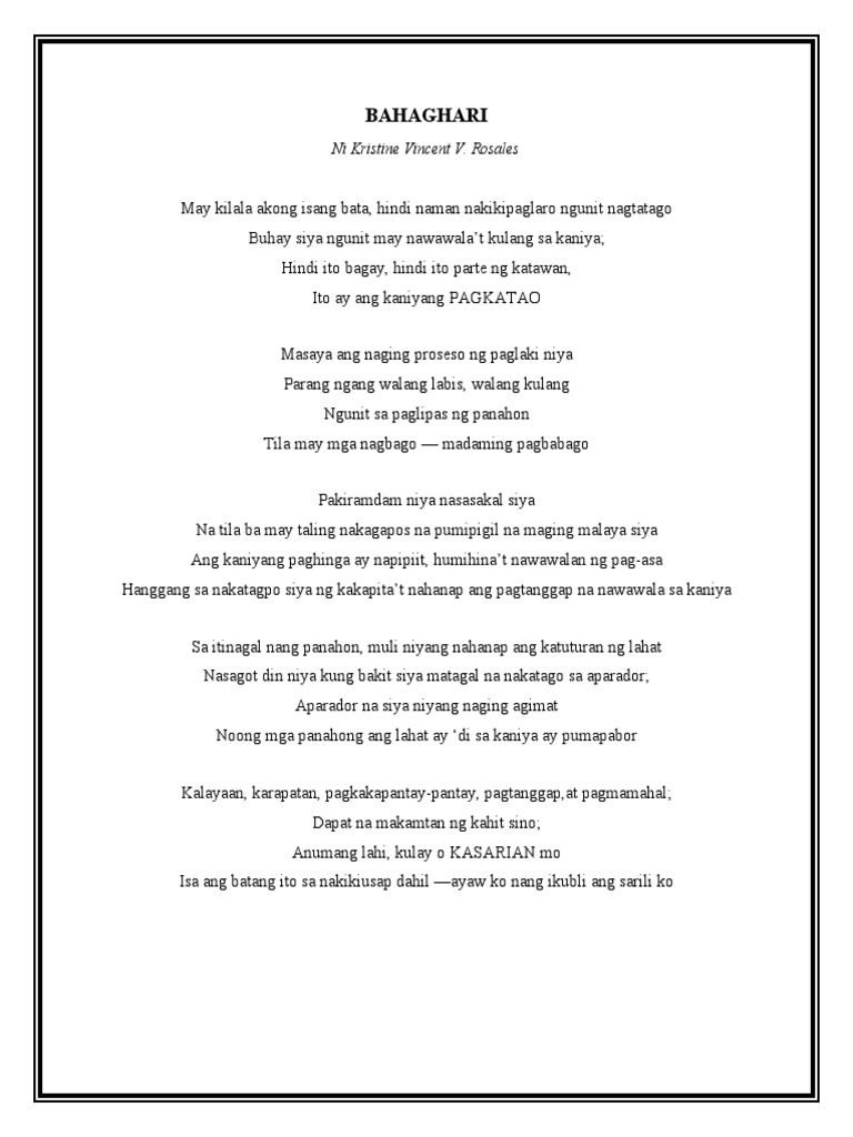 BAHAGHARI - Tula - Pinal Ni Kristine Vincent Rosales | PDF
