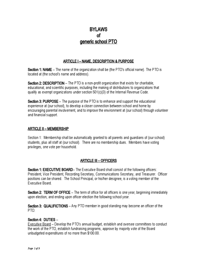 Bylaws of Generic School PTO | PDF | Board Of Directors ...