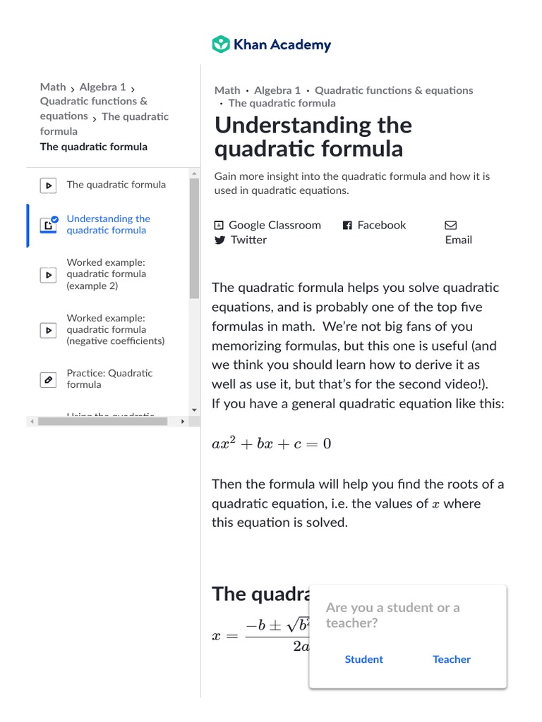 Quadratic Formula Explained (Article) - Khan Academy | PDF | Quadratic ...