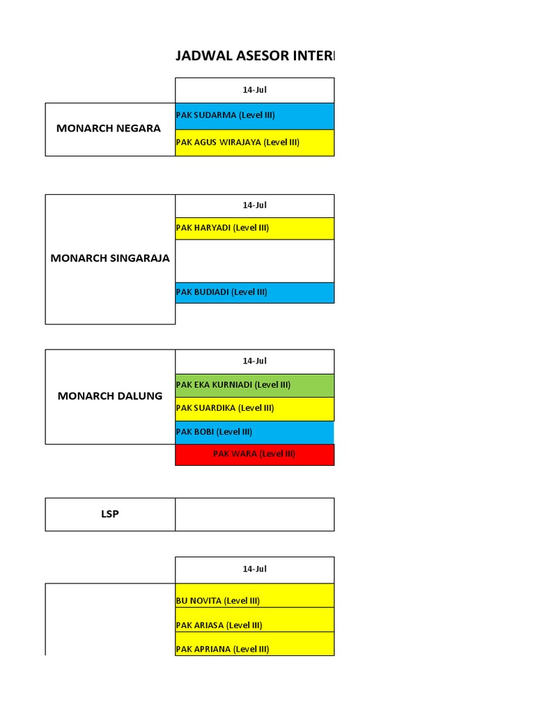 Jadwal Asesor Internal Di Tuk Monarch Gianyar | PDF