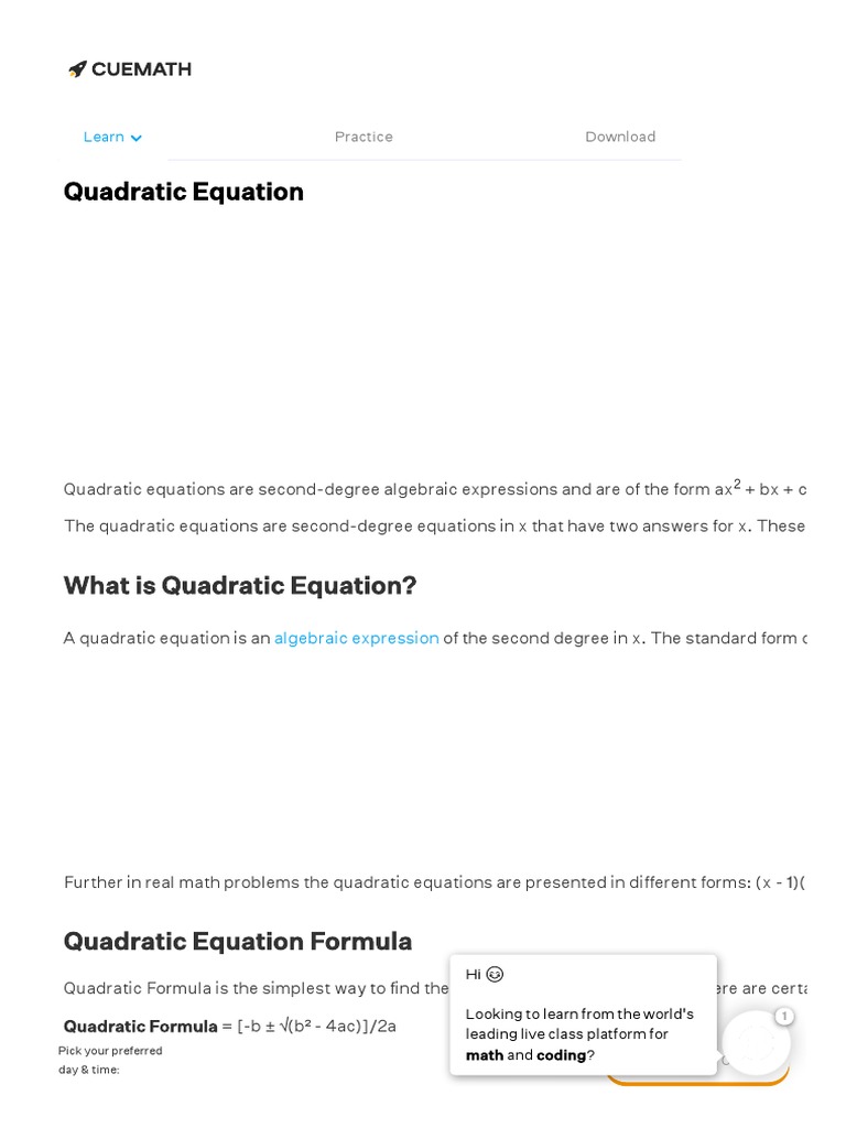 Quadratic Equation - Formula, Examples - Quadratic Formula | PDF ...