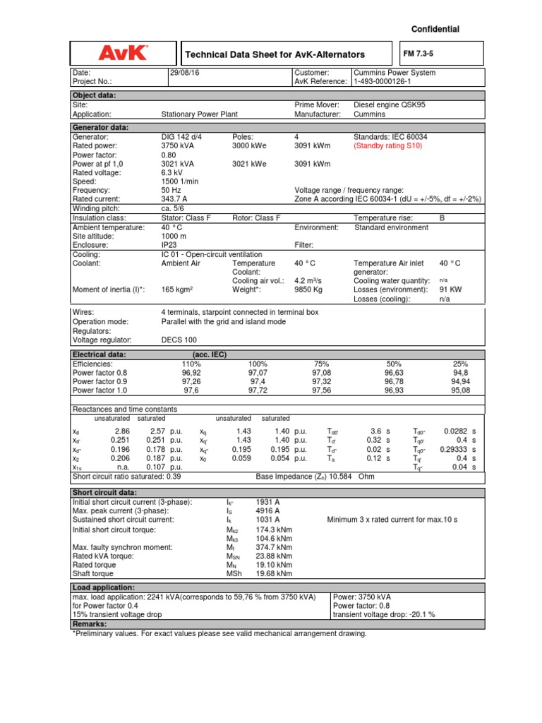 Technical Data Sheet For Avk-Alternators: Confidential | PDF | Electric Generator | Physical ...
