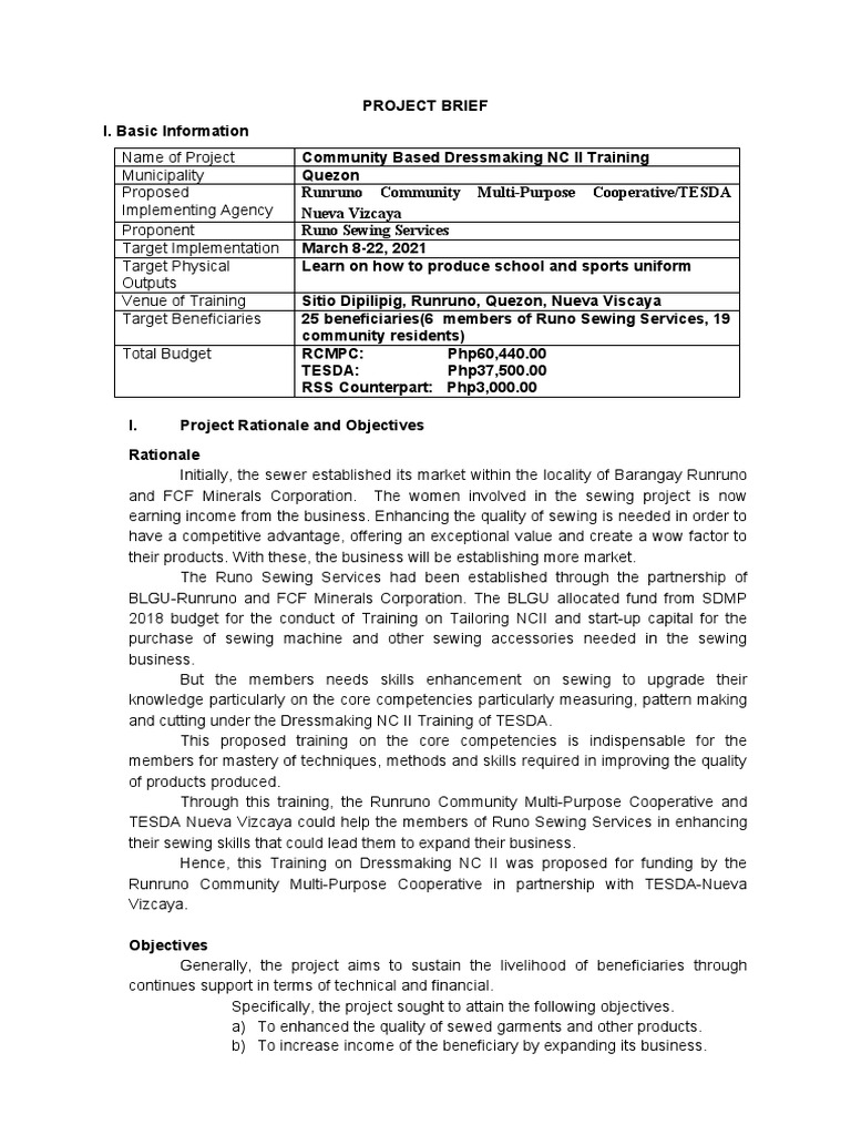 Training Proposal - Dressmaking NCII | PDF | Sewing | Economies