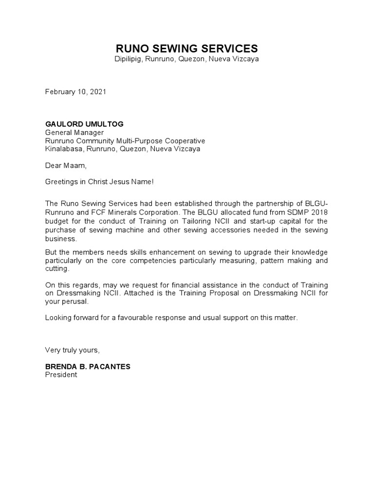 Request Letter - RCMPC - Dressmaking NCII | PDF