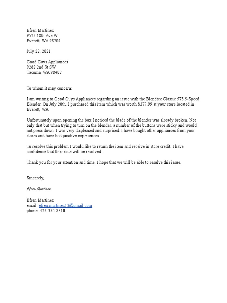 Claim Business Letter - Efren Martinez | PDF