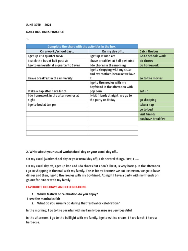 Complete The Chart With The Activities in The Box.: Favourite Holidays ...