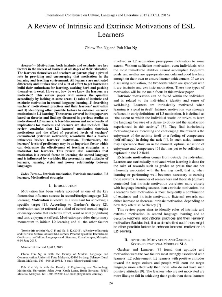 A Review of Intrinsic and Extrinsic Motivations of ESL Learners | PDF ...