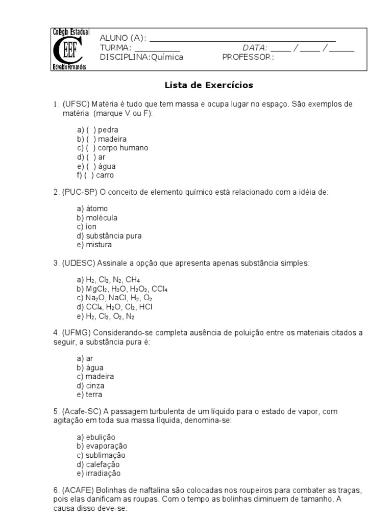 1 Lista de Exercicios - Quimica (1 Unidade) | PDF