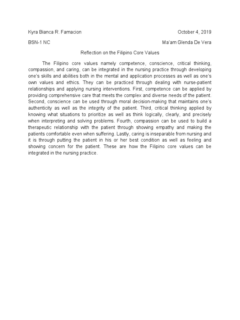 Core Values Integrated in Nursing Practice | PDF