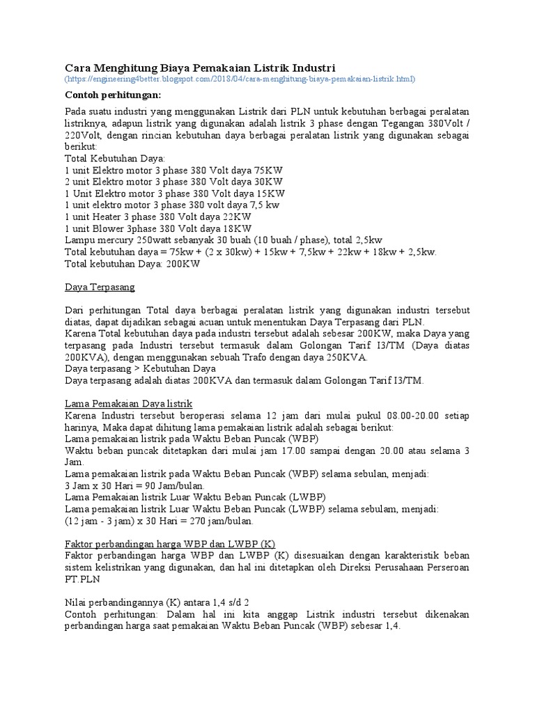 Cara Menghitung Biaya Pemakaian Listrik Industri | PDF