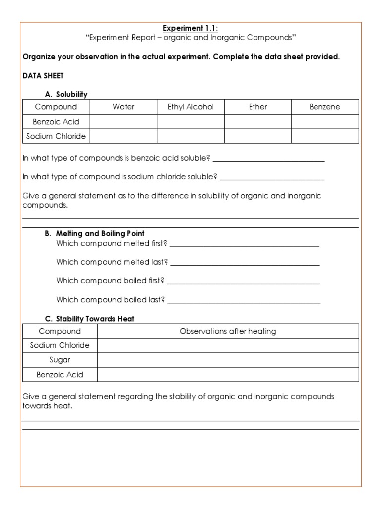 Experiment 1.1 Data Sheet | PDF | Acid | Solubility