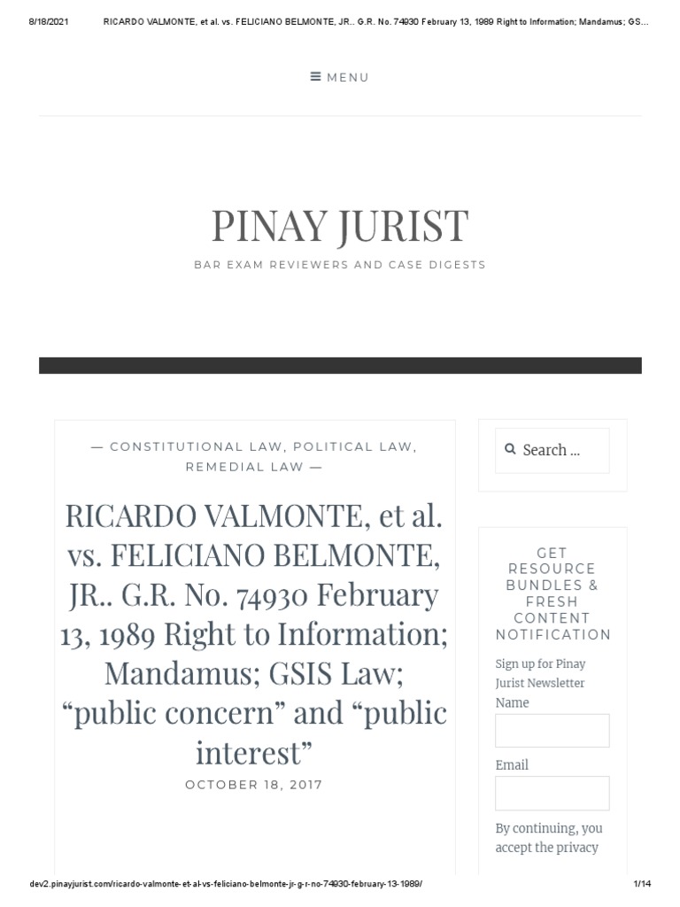 Valmonte v. Belmonte, G.R. No. 74930 Digest | PDF | Freedom Of Information Laws By Country ...