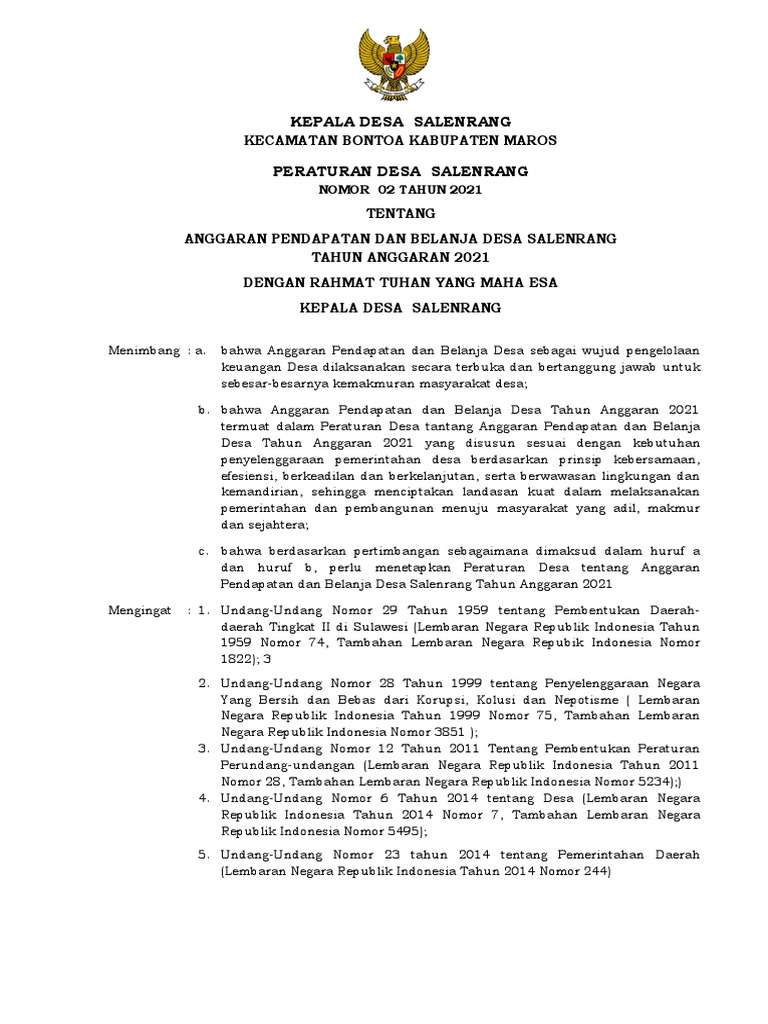 PERDES No. 02 TAHUN 2021 - APBDes 2021 LD-02 | PDF