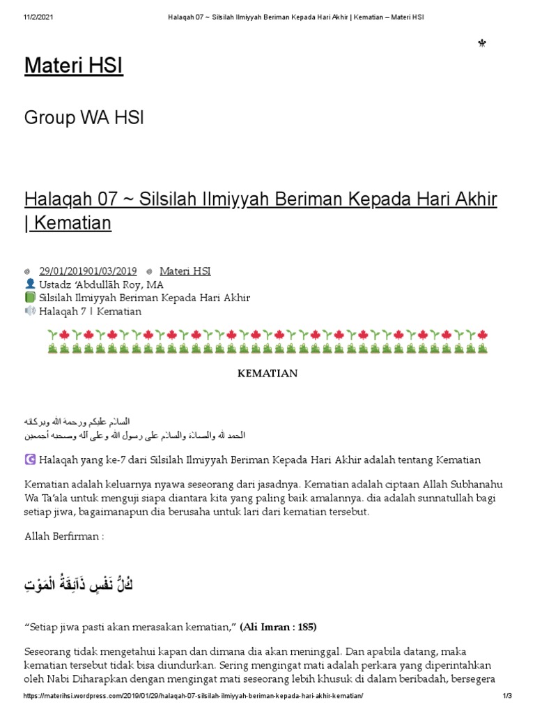 Halaqah 07 - Silsilah Ilmiyyah Beriman Kepada Hari Akhir - Kematian - Materi HSI | PDF