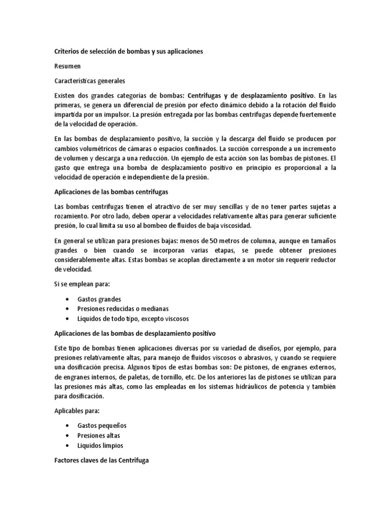 Criterios de Selección de Bombas y Sus Aplicaciones | PDF | Bomba | Viscosidad