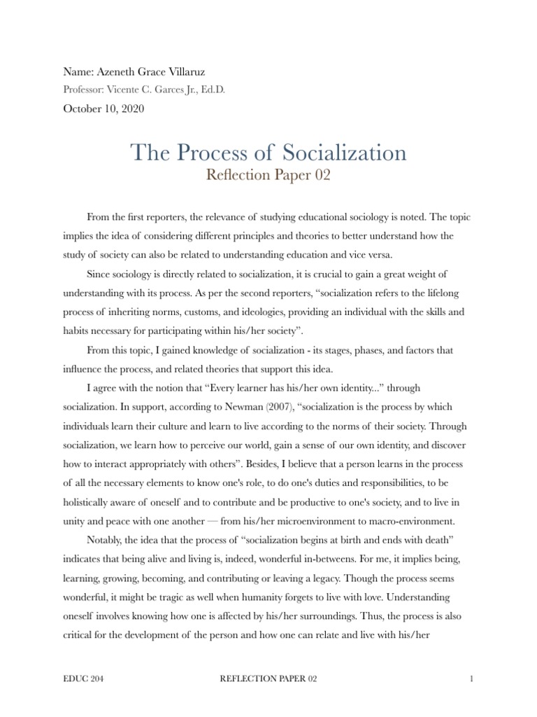 The Process of Socialization: Reflection Paper 02 | PDF | Socialization ...