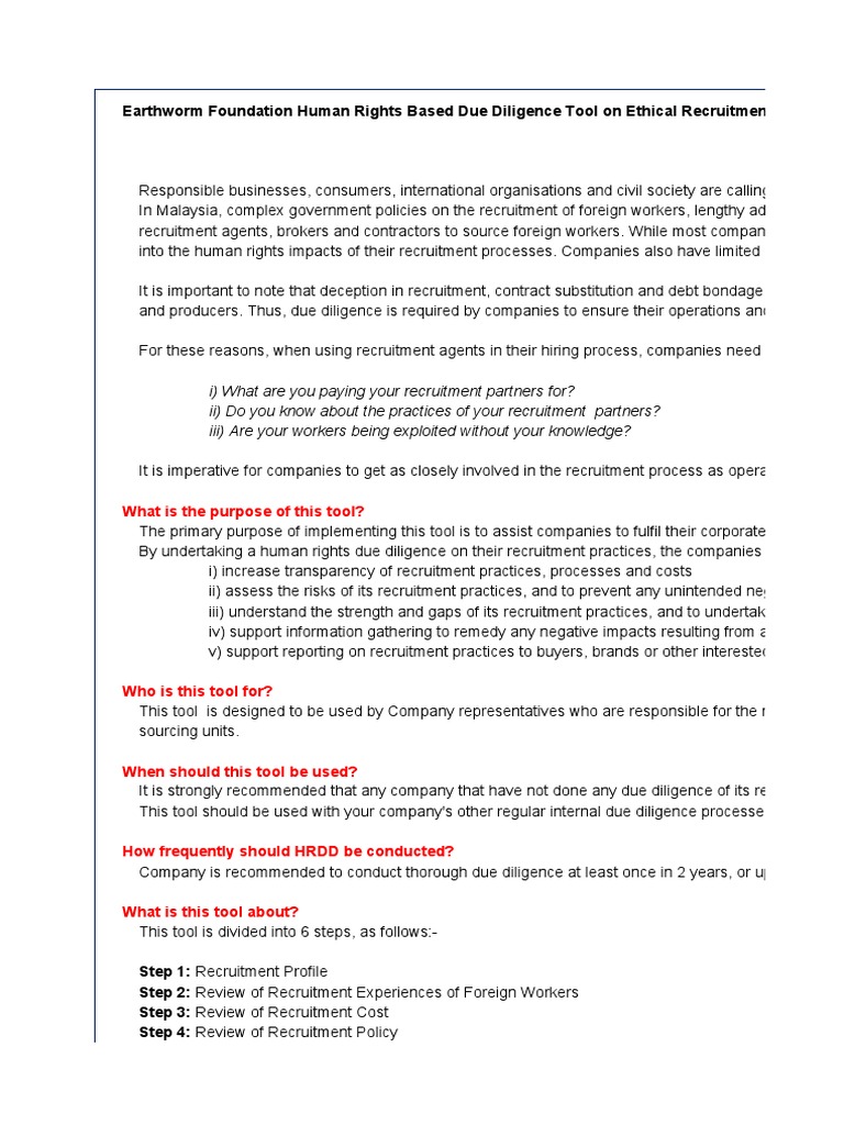Ef Human Rights Based Due Diligence Tool | PDF | Recruitment | Employment