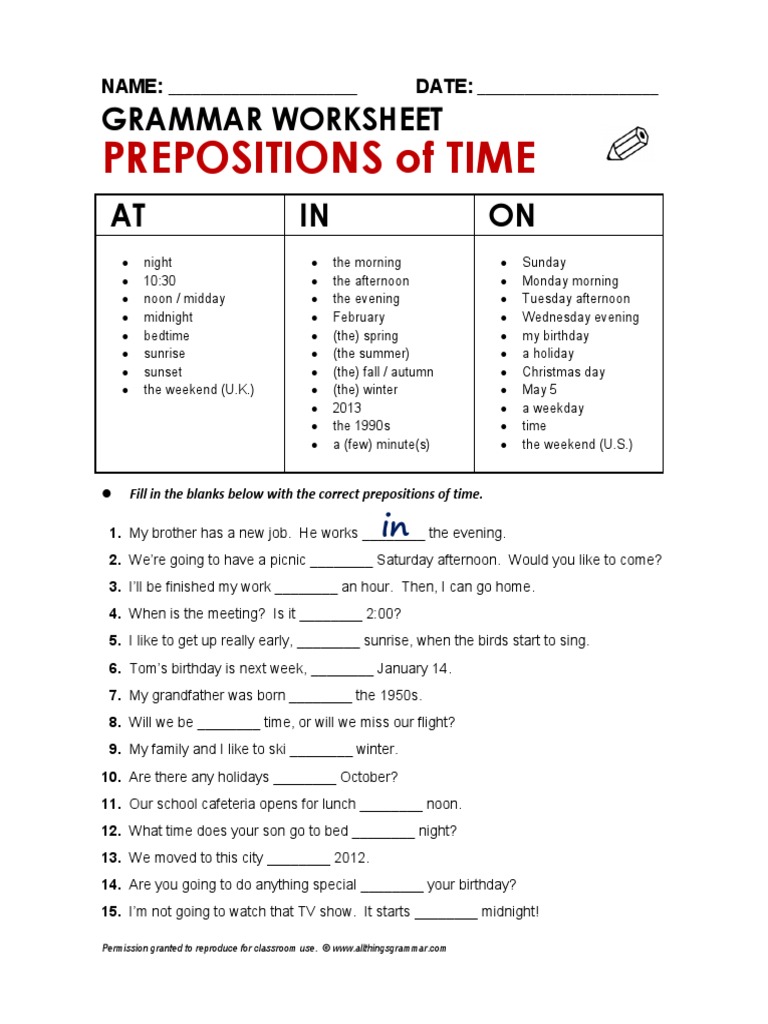 Prepositions of Time: Grammar Worksheet AT IN ON | PDF