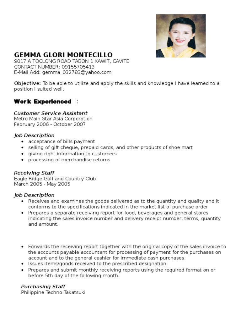 Gemma Montecillo's Resume Summary | PDF | Cheque | Invoice