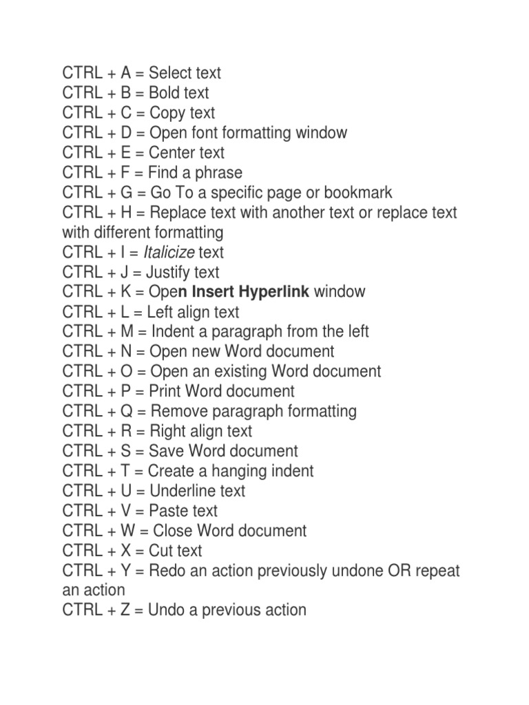 A Comprehensive Guide to Microsoft Word Shortcut Keys for Formatting ...