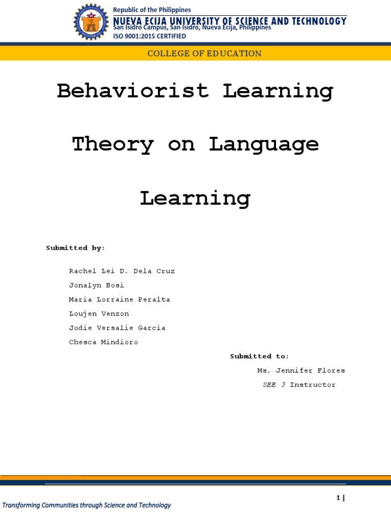 Behaviorist Learning Theory On Language Learning: Nueva Ecija ...