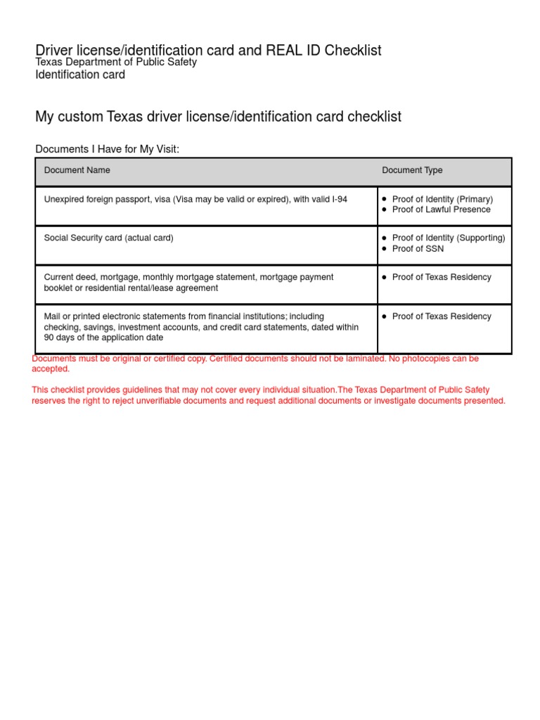 Driver License/identification Card and REAL ID Checklist | PDF ...