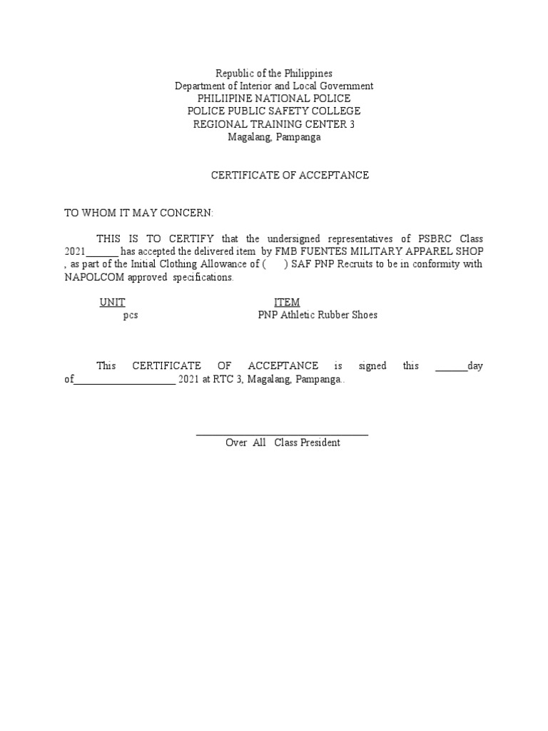 Cert of Acceptance Saf | PDF