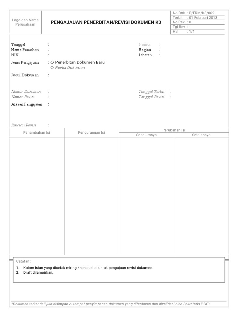 P-FRM-K3-009 Pengajuan Penerbitan-Revisi Dokumen K3 | PDF