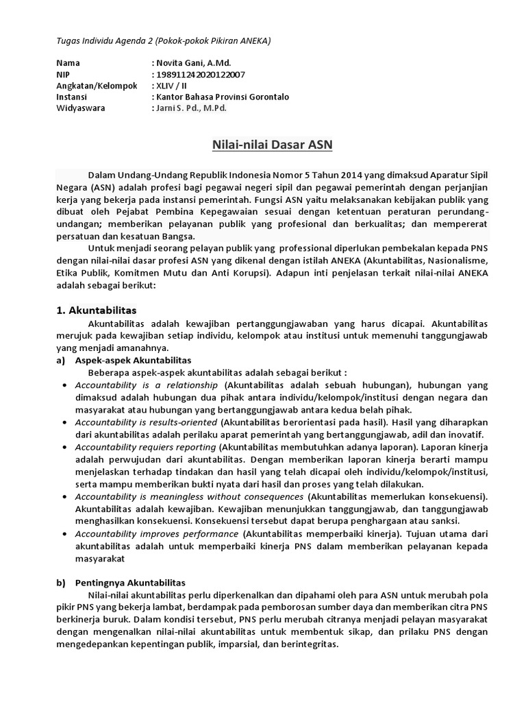 Tugas Individu Agenda II Ekplorasi Berdasarkan Nilai-Nilai Dasar PNS | PDF | Karier ...
