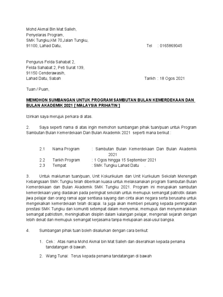 Surat Mohon Sumbangan Kemerdekaan 2021 Felda 2 | PDF