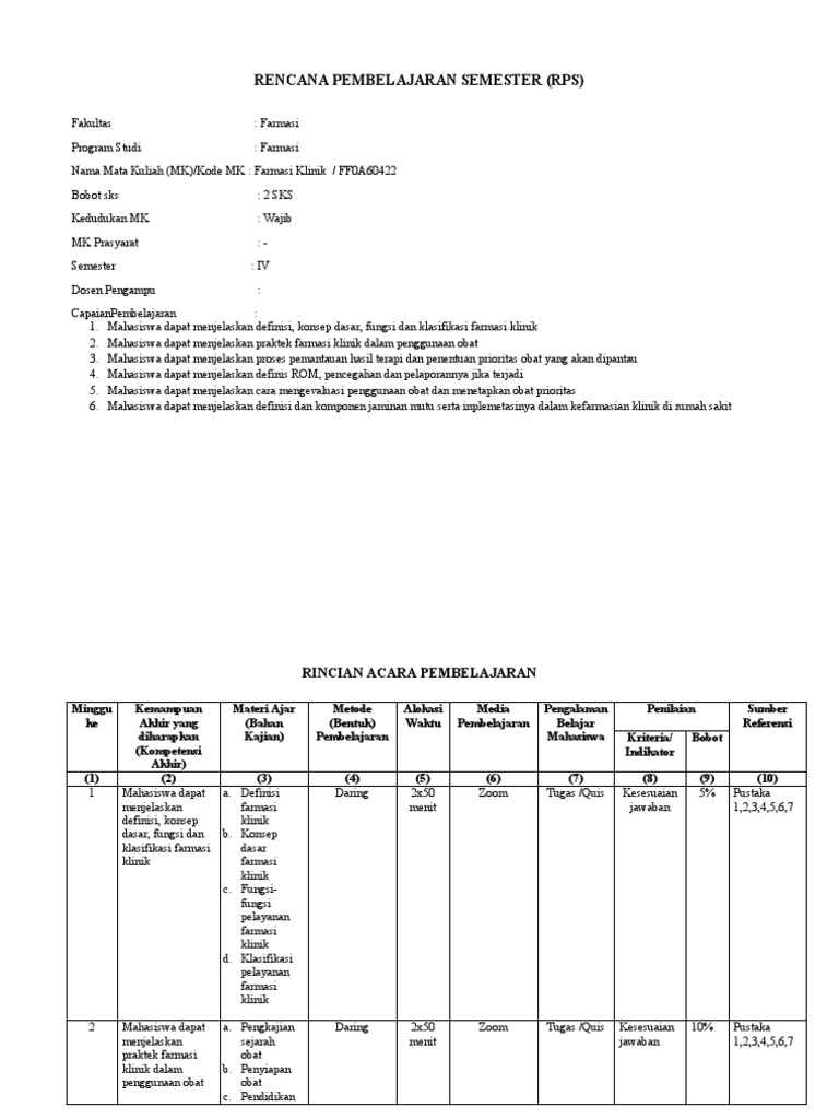 Rencana Pembelajaran Semester 6 Istm Kra | PDF
