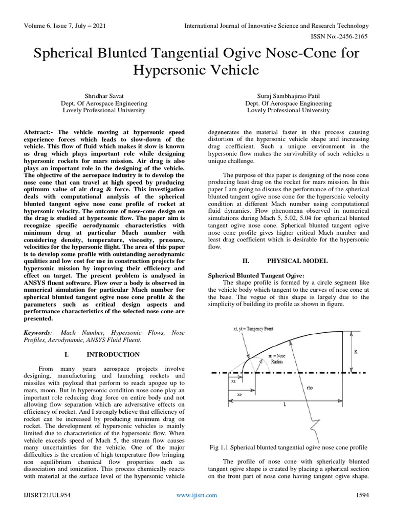 Spherical Blunted Tangential Ogive Nose-Cone For Hypersonic Vehicle ...