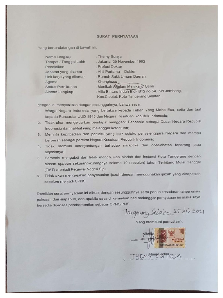 Surat Pernyataan Bermaterai | PDF
