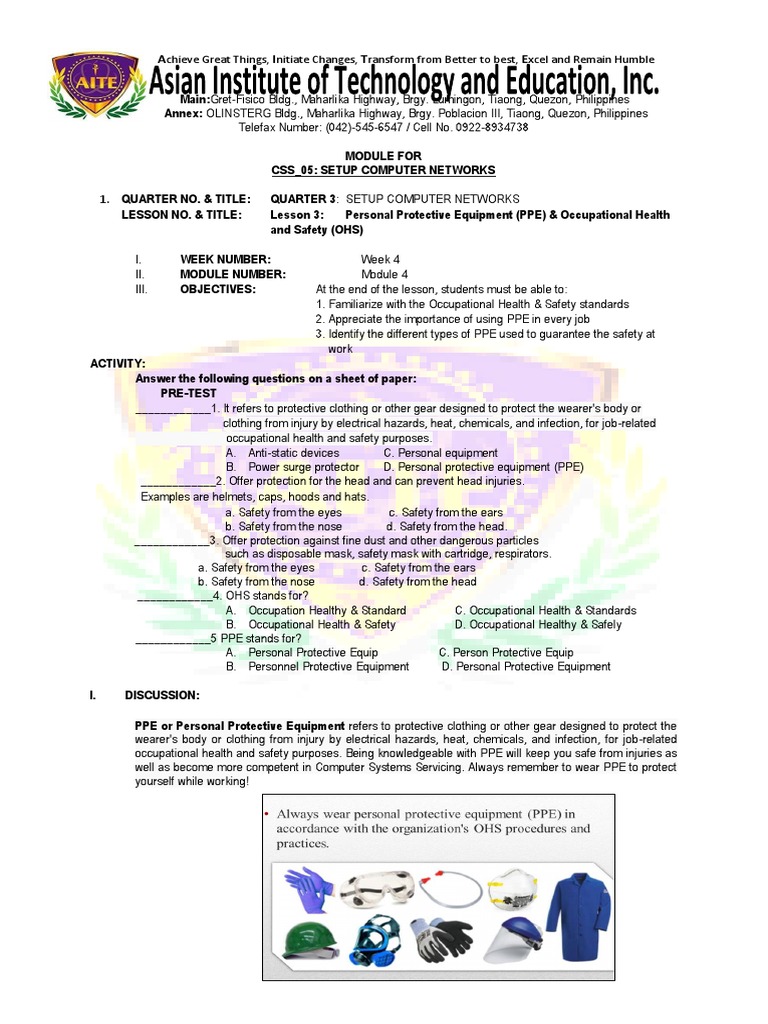 CSS - 05-Week 4 - Module 4 - PPE & OHS | PDF | Personal Protective Equipment | Occupational ...