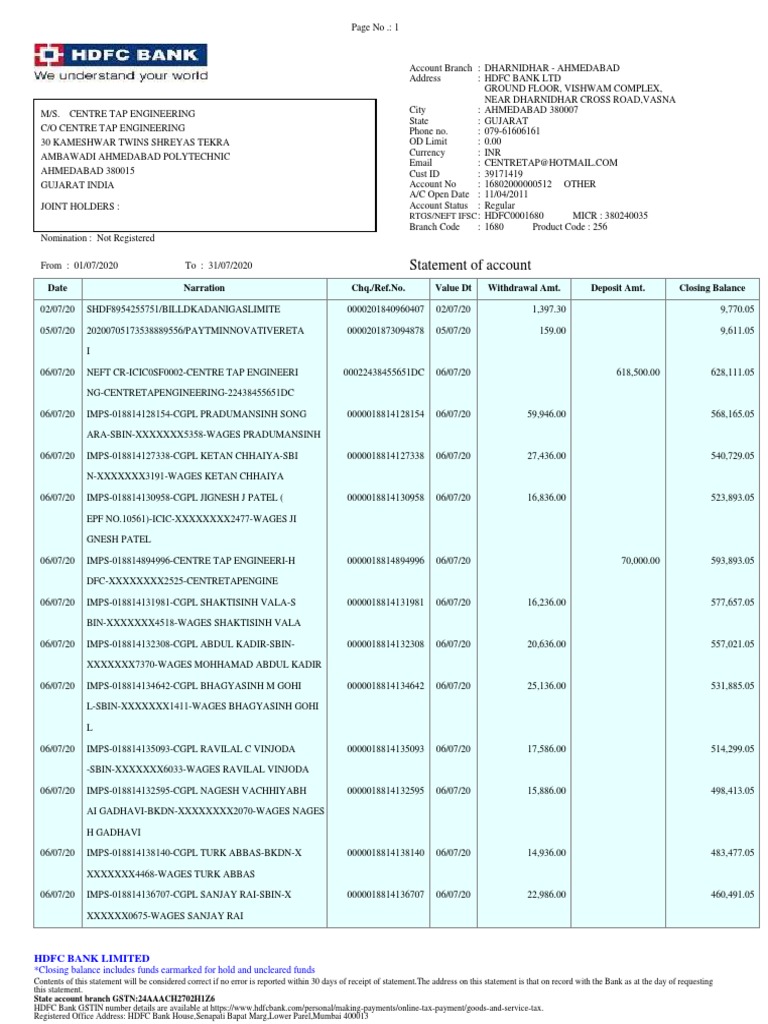 4A. HDFC July2020 Estatement | PDF | Business | Financial Services ...