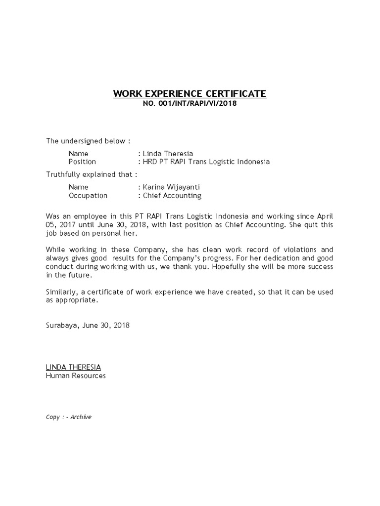 Work Experience Certificate for Karina Wijayanti | PDF | Business ...