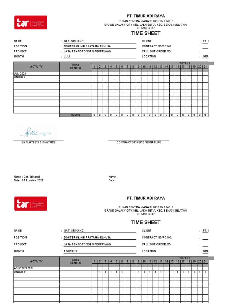 Time Sheet: Pt. Timur Adi Raya | PDF