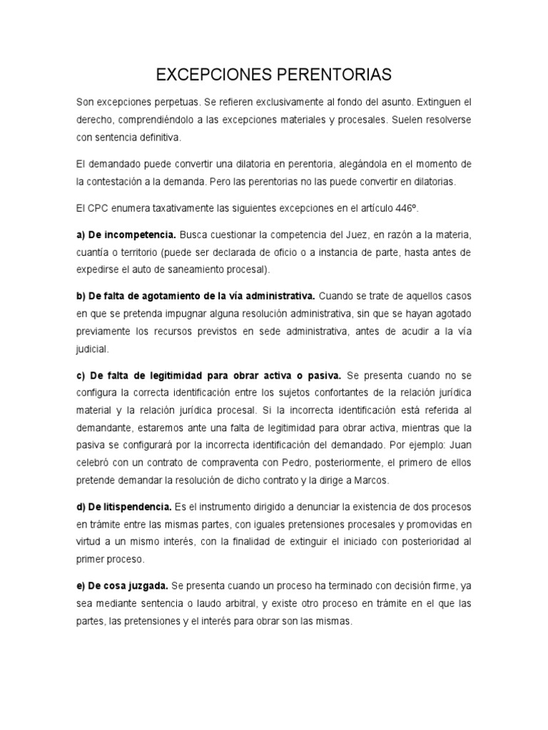 Excepciones Perentorias | PDF | Ley procesal | Demanda judicial