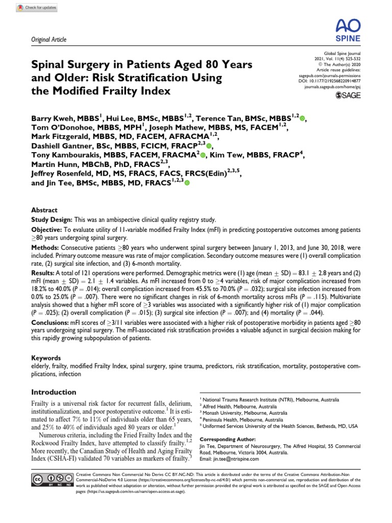Spinal Surgery in Patients Aged 80 Years and Older: Risk Stratification ...