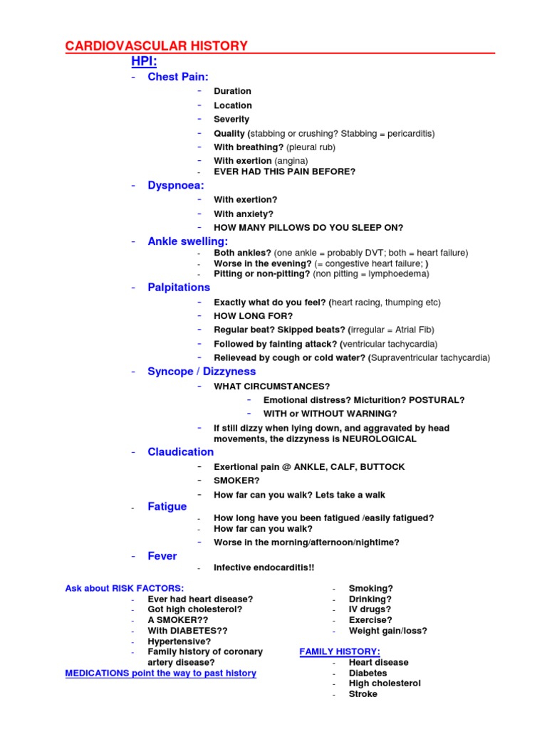 Cardiovascular History: Chest Pain | PDF | Pulse | Heart Failure