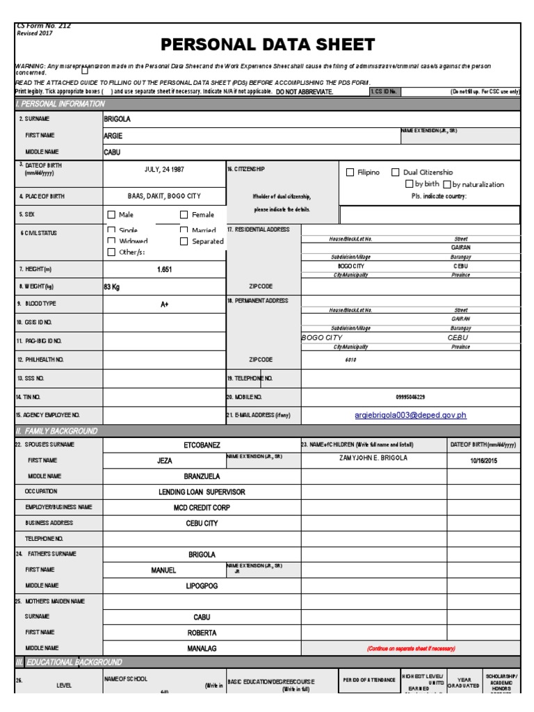 Cs Form No. 212 Revised Personal Data Sheet | PDF | Government | Justice