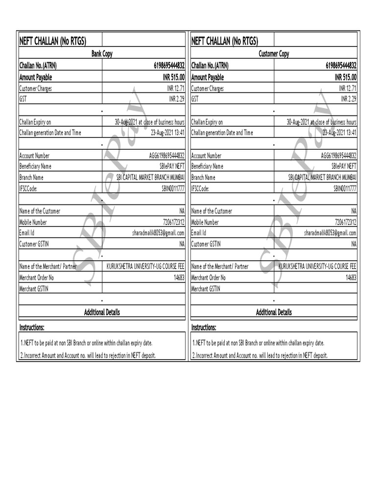 Sbiepay Sbiepay: Neft Challan (No RTGS) Neft Challan (No RTGS) | PDF ...