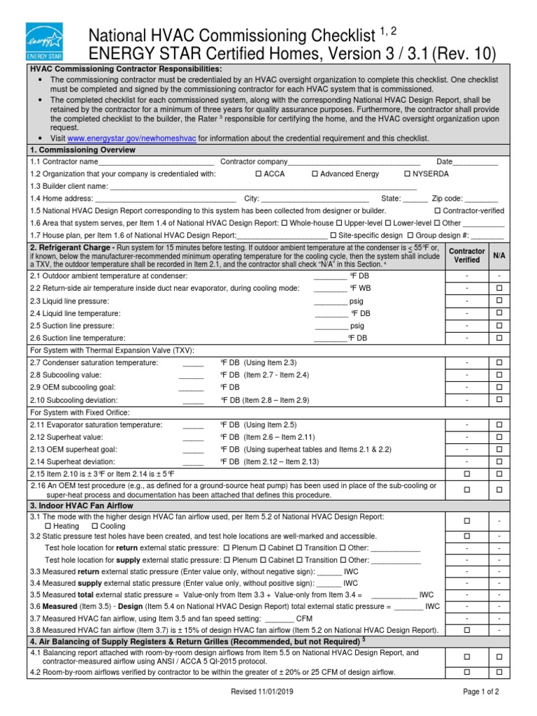 National HVAC Commissioning Checklist ENERGY STAR Certified Homes ...