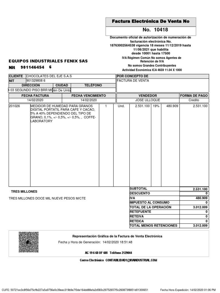 Nit Equipos Industriales Fenix Sas 6: Factura Electrónica de Venta No ...
