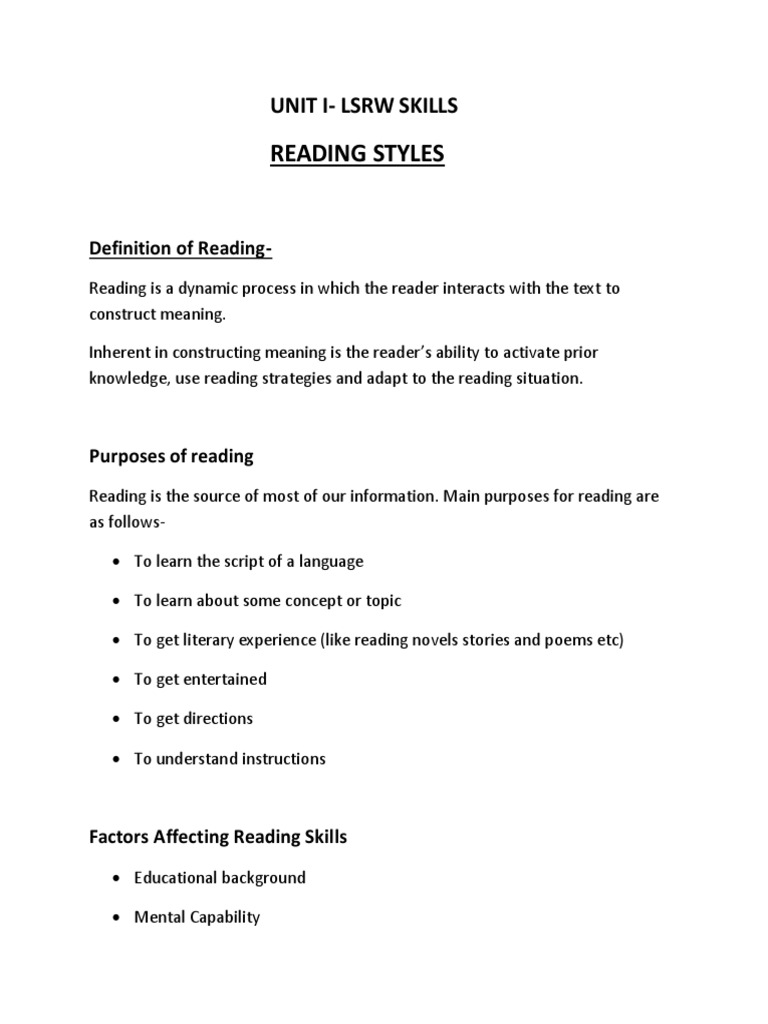 Reading Styles: Unit I-Lsrw Skills | PDF | Speed Reading | Reading ...