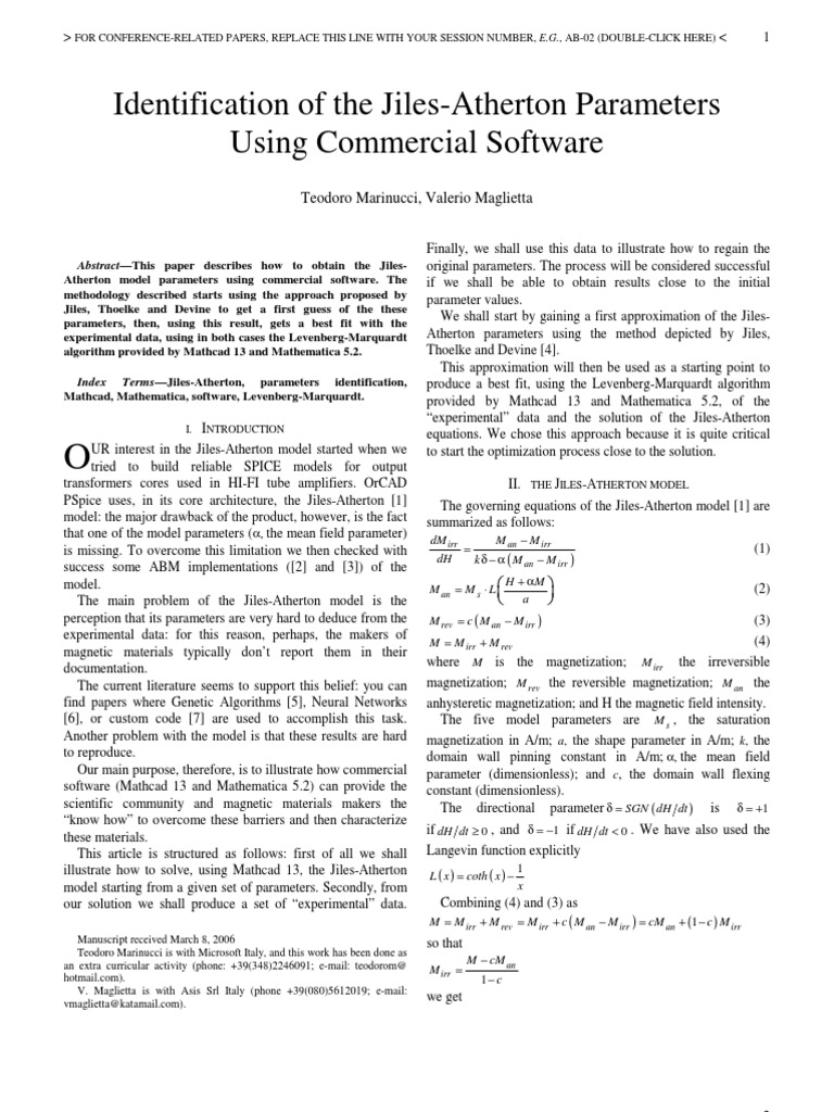 Identification of The Jiles-Atherton Parameters Using Commercial Software | PDF | Equations ...