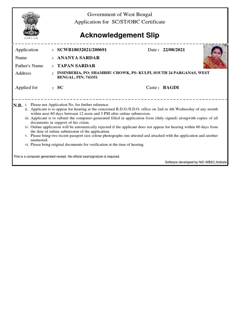Acknowledgement Slip: Government of West Bengal Application For SC/ST/OBC Certificate | PDF